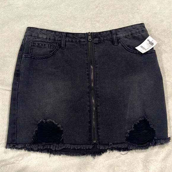 refuge | Skirts | Nwt Black Denim Distressed Zip Up Skirt Charlotte ...